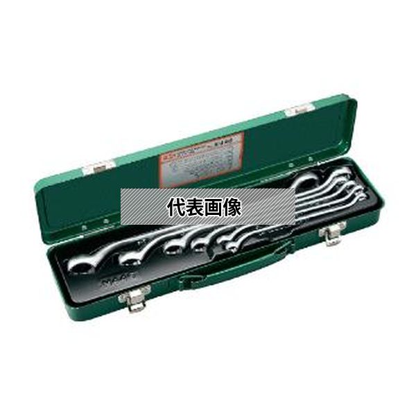 【ご注意：画像は代表画像です。カラーやサイズは商品名を必ずご確認下さい。】用途—商品説明従来のロングめがねレンチ(45°)より、柄部の高さが低いため周辺の障害物を避けて作業ができます。めがね部がリング状になっていますので、ボルト・ナットから...
