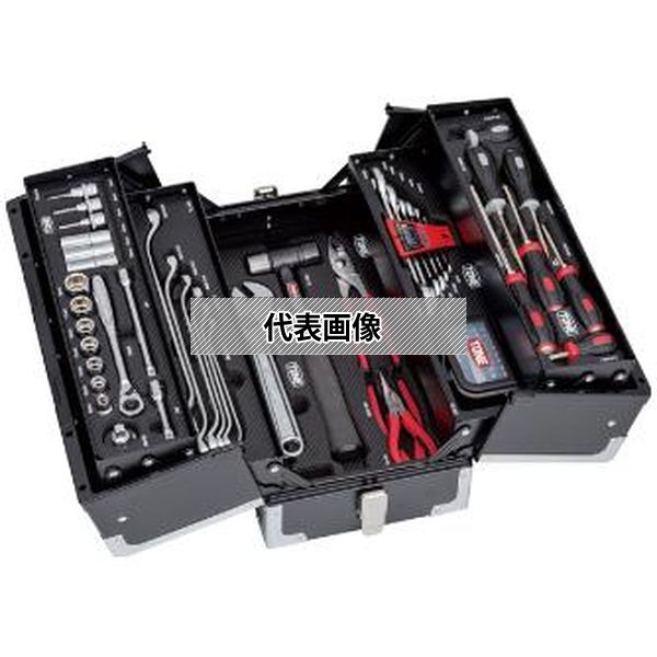 【ご注意：画像は代表画像です。カラーやサイズは商品名を必ずご確認下さい。】用途●オートメカニック用。商品説明自動車整備用として様々な場面で活躍する充実のセット。天面フラットV形3段式メタルケース。全段プラスチックトレー付。グッドデザイン賞受...