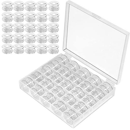 【規格&amp;サイズ】ケース(縦約12cm*横約9.9cm*高さ約2.5cm);内側セル(縦約2.2cm*横約1.3cm);ボビン(長さ約2cm*厚さ約1.15cm、直径約0.7cm);25個セット、透明な 【上質な材質】ボビンは高品質プ...