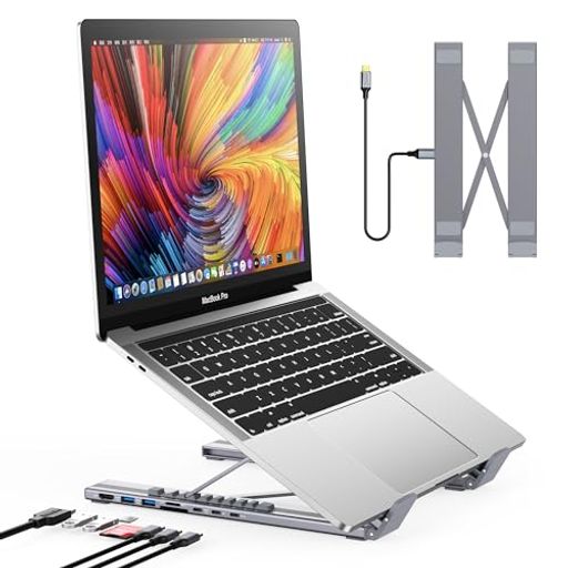 【MUKIYA ハブ付き PCスタンド 】: 軽量・折りたたみ式ノートパソコンスタンドとドッキングステーションを一体化した多機能設計。25~44CMのノートPCやタブレットを安定して支え、視線を上げて姿勢改善・作業効率アップに貢献します。U...