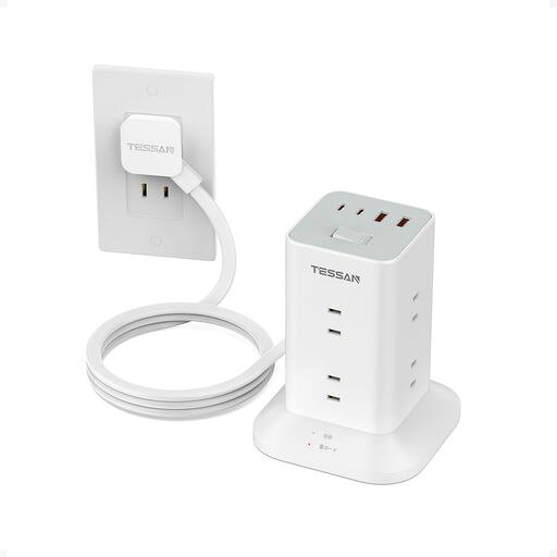 【12役のタワー型電源タップ】8個の広間隔ACコンセントに加え、最大の特徴は2つのUSB-Cと2つのUSB-A、合計4ポートのUSB充電機能です。単口使用時、USB-Cポートは最大20W、USB-Aポートは最大18Wでの高速充電が可能。 全...