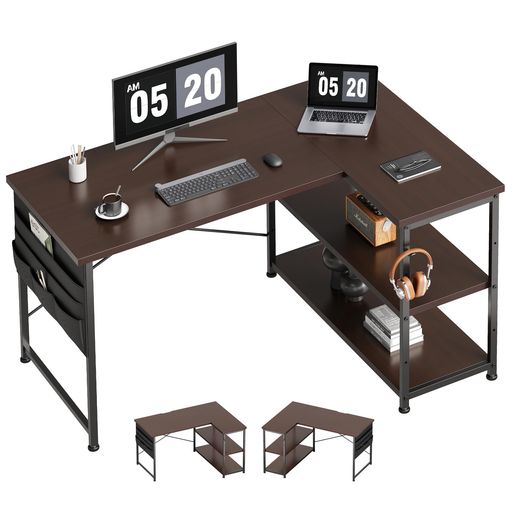 【棚は左右に取り替えができる】L字型の棚の左右も切り替え自由なので、様々なシーンにあわせます。サイドの収納袋の位置もL字型の本棚の位置に合わせて変えることができます。 【十分な収納スペース】広いデスクの天板とオープンな足元スペースで作業が快...