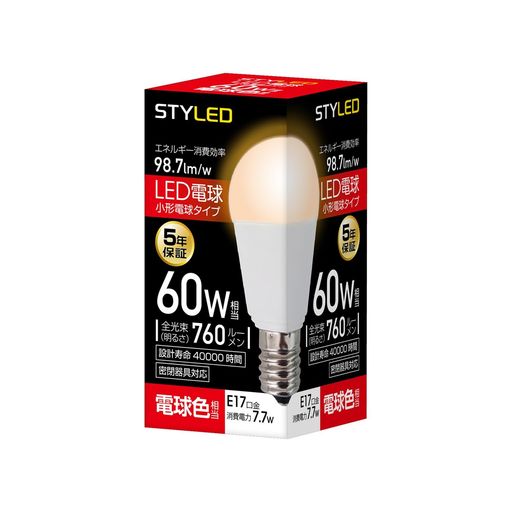 全光束:760lm(小形電球60W相当)/消費電力:7.7W/消費効率98.7lm/W 光色:電球色(2700K) 設計寿命:40000時間(設計寿命は保証値ではありません) 本体サイズ:直径35x高さ71ミリ 配光角:230度/保証期間:5年