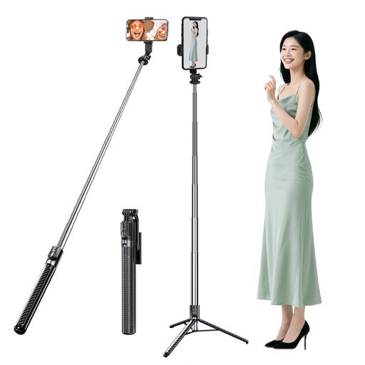 【自撮り棒&amp;三脚でさらに多機能 】 本製品は、7段階の伸縮構造を採用しており、最大で168cmまで伸ばすことができます。さらに、スマホホルダーとスマートフォンを装着した状態では、撮影時の高さは最大約180cmに達し、目線より高いアン...