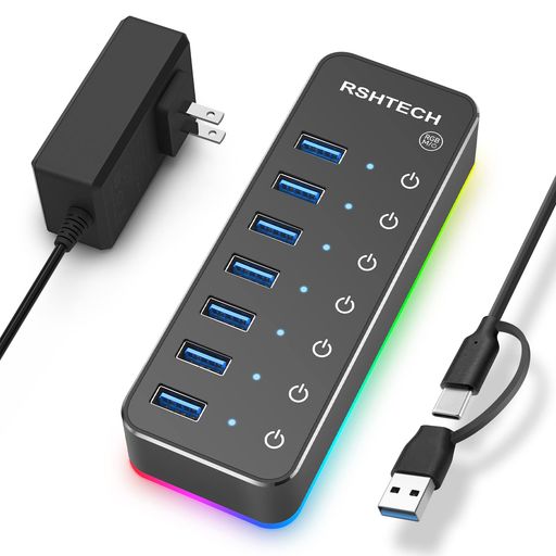 【14RGBライティングモード】RSHTECHRGBゲーミングUSBハブは、カラフルでダイナミックな呼吸する照明モードとモノクロの静的照明モードを含む14の照明モードを搭載し、ゲーム/仕事に新しい経験をもたらします。また、USBハブは電源オ...