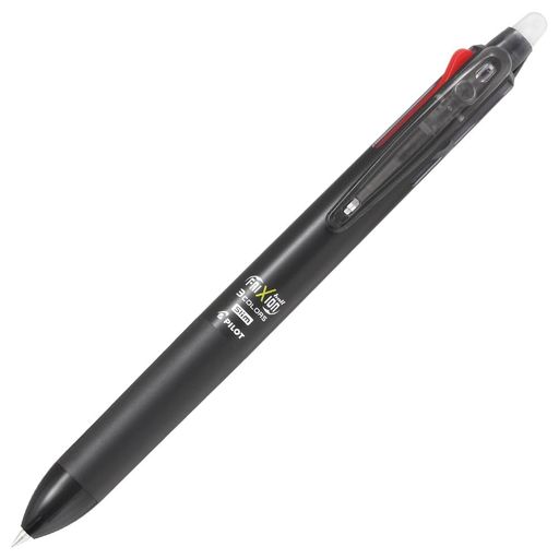 こすると消えるボールペン「フリクション」3色 【サイズ】最大径Φ12.8mm、全長145mm 【ボール芯】0.5mm、本体:ブラック、インク色:黒・赤・青 【仕様】フリクションインキ、クリップスライドノック式