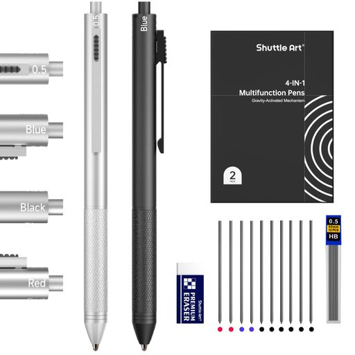 【セット内容】黒、青、赤のボールペン(1.0mm)とシャープペン(0.5mm)が1本にまとまった4in1多機能ペンが2本セットになっています。さらに、黒の替え芯6本、青・赤各2本、シャープの芯1チューブ、消しゴム1個が付いています。学生から...