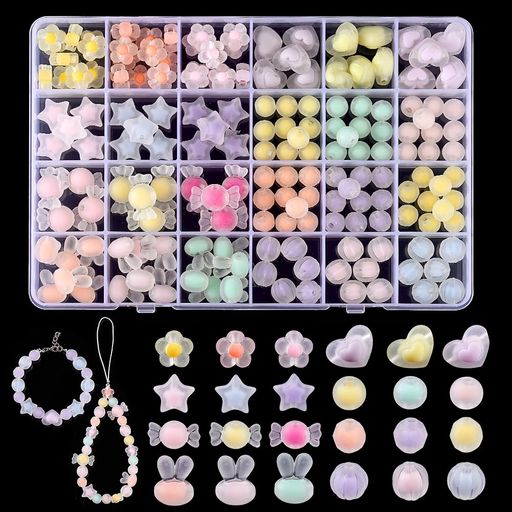 24種類の淡い色合いのビーズ:8種類形状のフロスト加工されたアクリルビーズが168個入っています。花(30)、ハート(15)、星(15)、丸(30)、キャンディ(12)、カボチャ(18)、ファセット丸(30)、ウサギ(18);それぞれの形状...