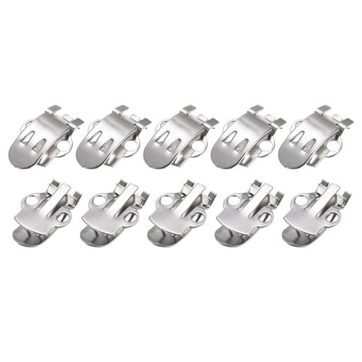 [空白シューズクリップ]:シルバーの空白シューズクリップが10個入りで、29mmx14mm/1.14x0.55(縦x横)の開いたサイズ、21mmx14mmx1.5mm/0.83x0.55x0.18(縦x横x高さ)の折りたたんだサイズ、2mm...