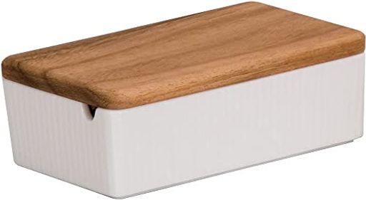 サイズ:幅9.5x奥行15.5x高さ5.5cm 本体重量:508g 材質:本体/白磁、フタ:天然木 生産国:日本 バター200gが入るサイズ