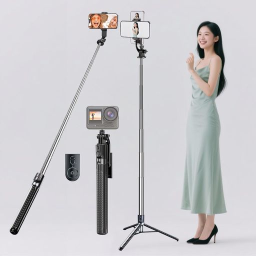 【自撮り棒&amp;三脚でさらに多機能】本製品は、7段階の伸縮構造を採用しており、最大で168cmまで伸ばすことができます。さらに、スマホホルダーとスマートフォンを装着した状態では、撮影時の高さは最大約180cmに達し、目線より高いアングル...