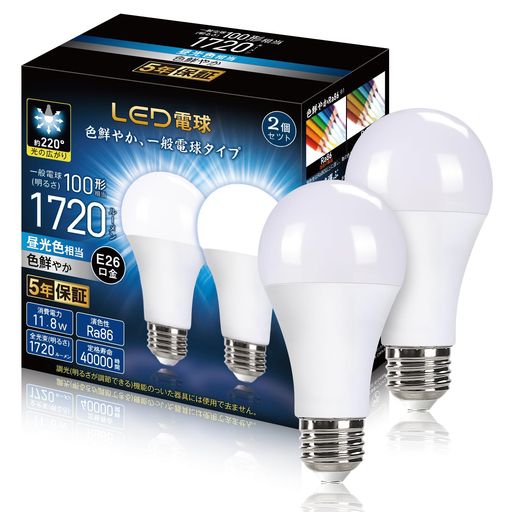 led26口金100w 【商品サイズ】(mm):直径約60x高さ約116E26口金電源:100V50/60Hz共用AC85-265V可用定格消費電力:11.8W100W形相当色温度:6000K(昼光色)、全光束:1720lm、演色性:86+...