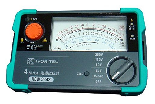 4レンジ(25V/50V/125V/250V) スピーディーな測定に役立つ機能を搭載 見やすいスケール目盛 抵抗状態をLEDの色で確認(緑:高抵抗、赤:低抵抗) リモート測定スイッチ付き測定コード