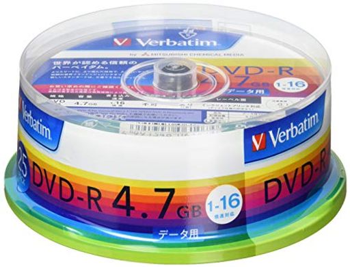 品種:データ用 DVD-R 容量:4.7GB 1回記録用 盤面印刷:○(ホワイト) / 範囲:22mm-118mm(ワイド) 倍速:1-16倍速、ケース:スピンドルケース、入り数:25枚