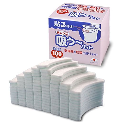 トイレの汚れ防止パット100個入り。おしっこの飛び散りや垂れを防ぎ、床を汚しません。 便器に商品を貼ることで、面倒な便器掃除、床ふきの手間を減らします。 1個サイズ:約6x17cm、厚み0.8cm、重量:1個約4gx100個 生産国:日本製...