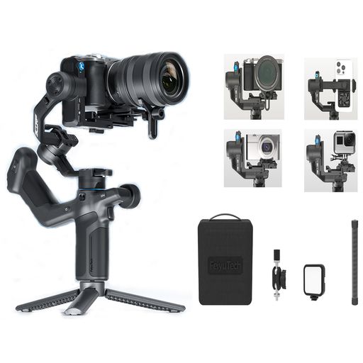 FeiyuTech SCORP Mini 3 Pro コンボキットには、ハイアングル/自撮り用の 10.8 インチ延長ロッド、旅行用の丈夫なキャリーケース、夜間撮影用の調節可能なフィルライト、マイク/ライトを取り付けるための関節式アームなど...