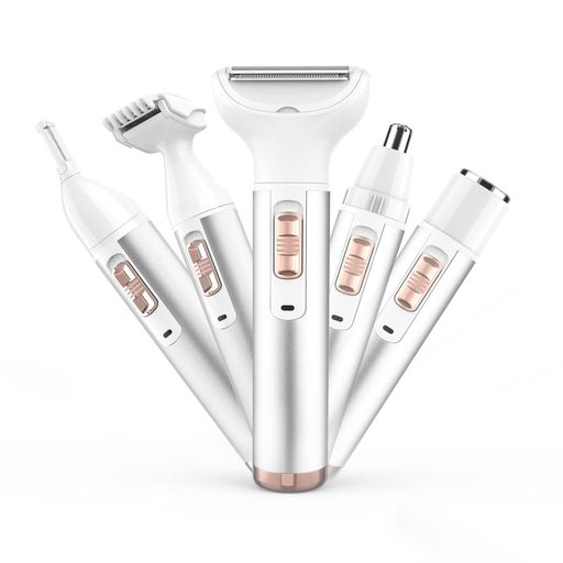【5in1多機能シェーバー&amp;全身適用】ボディーシェーバー、VIO専用シェーバー、フェイスシェーバー、眉毛カッター、鼻毛カッター1台5役の交換ヘッドが付いたレディースシェーバーです。顔、眉毛、脇、腕、足、デリケートゾーン、鼻毛、耳毛な...