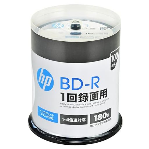 100枚パック 録画時間:地デジ 180分 / BSデジタル130分 / BS/CS 4K 90分 盤面印刷:○(ホワイト) / 範囲:23mm-118mm(ワイド) 倍速:1-4倍速 記憶容量:25GB(片面1層) 1回録画用