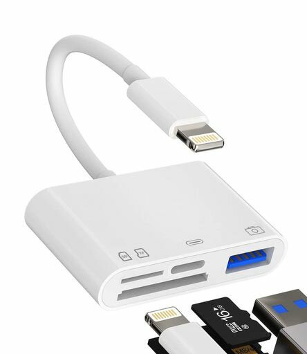 カメラ、携帯電話。 4in1カードリーダーアダプター:iPhone/iPad用の4in1SDカードリーダーは、3in1SDカードリーダーアダプターからのアップグレードされたデザインです。電源ポートを追加し、写真/ビデオを転送するときに携帯電...