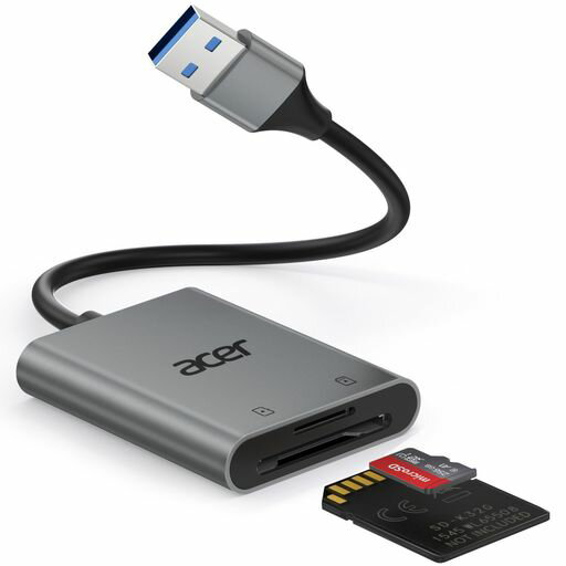 超高速データ転送-USB3.0ポートを搭載したAcerSDカードリーダーUSBは、最大5Gbpsの高速転送に対応し、USB2.0の約10倍の速度でデータを転送できます。1GBのファイルも数秒で転送可能です。USB2.0/1.1との下位互換性...