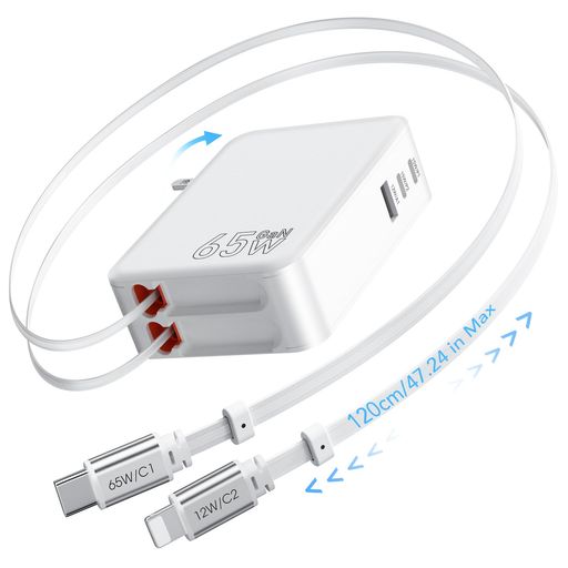 【type C&amp;ライトニングケーブル内蔵・折りたたみプラグ】充電ケーブルは別途用意する必要がありません。煩わしいコードの絡まりから解放!この自動巻き取り式壁掛け充電器には、約120cmの高速充電対応の巻き取り式Type-Cケーブルと...