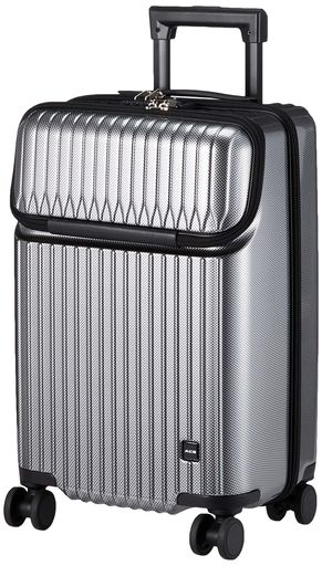 フロントポケット付スーツケース(ファスナー) 【外寸サイズ】H55xW35xD25cm 【総外寸】115cm 【容量】34L 【重量】3.3kg 2~3泊用 機内持ち込み:可(国際線、国内線100席以上) 表地:ポリカーボネート TSAロッ...