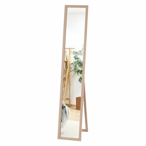 お部屋に馴染むシンプルなスタンドミラー サイズ:幅27x奥行39x高さ147.5cm、折りたたみサイズ:幅27x奥行4x高さ150cm 本体重量:5.7kg 素材・材質:プリント紙化粧繊維板/ガラス 原産国:中国 ※完成品 ※飛散防止加工