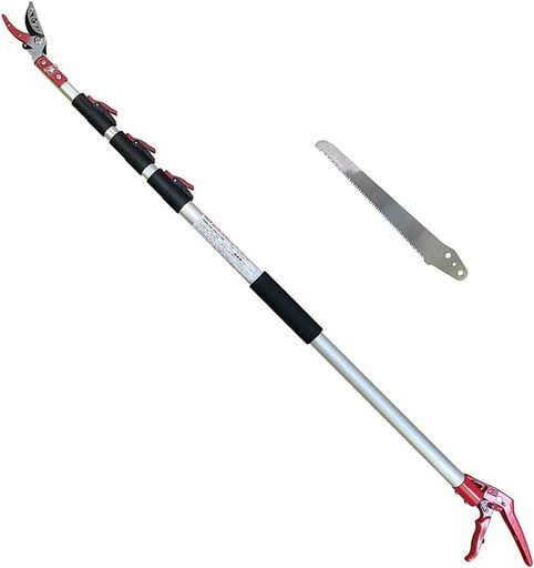 ◎収納に便利な伸縮式高枝切鋏 3.5m 4段式伸縮タイプ ◎キャッチャー:カットした葉、小枝を落とさないキャッチ機構 切断した葉や小枝をしっかりキャッチ。 そのまま落とさずに下ろすことが出来ます。 キャッチする必要がない時はキャッチャーを取...