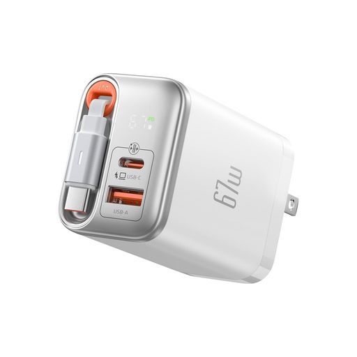 【67W GaN 伸縮式ケーブル充電器】:ケーブル・充電器を1つに纏め、急速充電に楽しむ。リアルタイムで表示、充電出力。USB-C 伸縮ケーブル、引っ張って使える。出力を67Wまで向上させる。最新GaN技術、より安全。3ポート急速充電、互換...