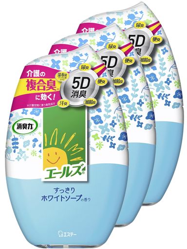 【介護専用ブランドエールズ】介護空間のニオイを消臭、さわやかにします。 【ナノパウダー※配合】すばやく強力に空間を消臭。※ナノレベルの孔(あな)を持つ、悪臭を吸着する消臭剤。 【用途】消臭芳香剤室内用 【香り】ホワイトソープ 【原産国】日本