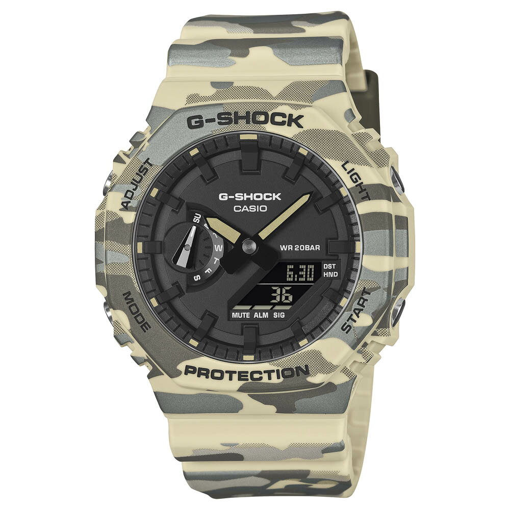 COMMENT タフネスを追求し進化を続ける「G-SHOCK」から、カモフラージュ柄をMAP印刷で大胆に取り入れたカモフラージュシリーズです。 オリジナルのカモフラージュパターンは、ブランドの象徴である「G」の文字を巧みに隠し込んだユニーク...