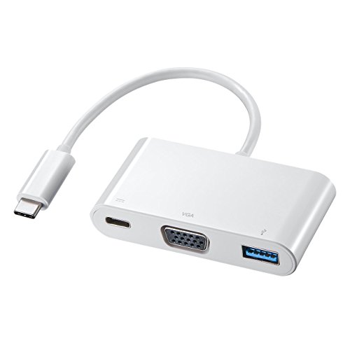 映像出力可能なタイプのType-CからVGA出力(フルHD対応)+USBポート+Type-C充電ポート付のマルチアダプタ VGA出力ポートのほかに、USB3.0ポート、充電用Type-Cポートがついたマルチアダプタです。 「Displayp...