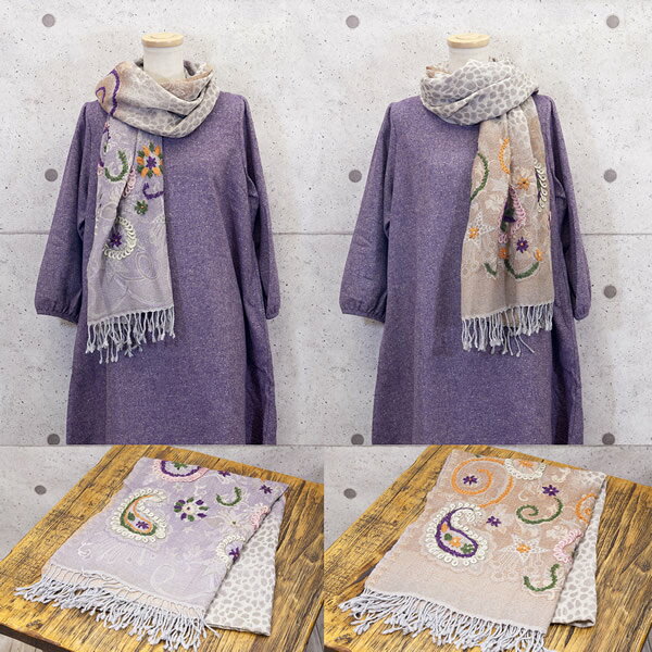 ウール100％♪首元のオシャレに★ウール刺繍ストール パープル/ピンク♪ 手刺繍の風合いが可愛いウールジャガードです。 両サイドでパープルとピンクの色味があるのでまるで違ったストールのよう。 1枚で2柄楽しめるお得なストールです。 ※どちら...
