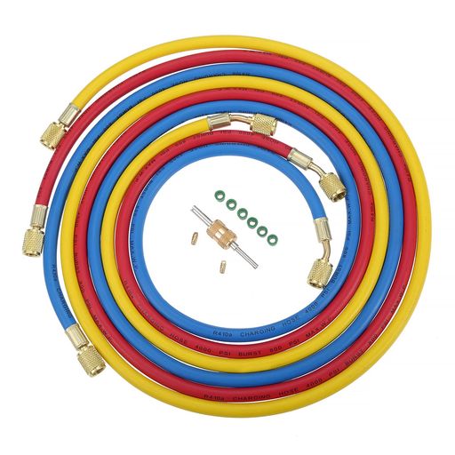 【商品内容】チャージホースセット:チャージホース赤青黄3色各1本、ムシドライバー1個、ムシ押し2個、ゴムパッキン6個。 【製品規格】チャージホース:1本の長さ約180cm(72インチ)、接続口径全部1/4”SAEメス。 【適合冷媒】本製品の...