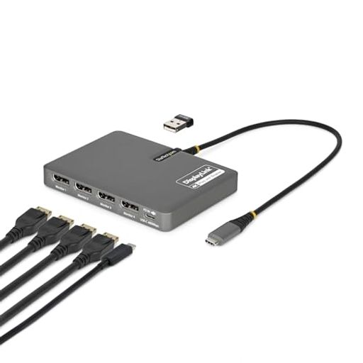 ハイエンドデスクトップ用4画面対応4K60Hzアダプター:1本のUSB-Cホスト接続で、ノートパソコンから4台の4K60HzDisplayPortモニターに拡張できるビデオアダプター。ノートPCの充電やワイヤレスマウス/キーボード用レシーバ...