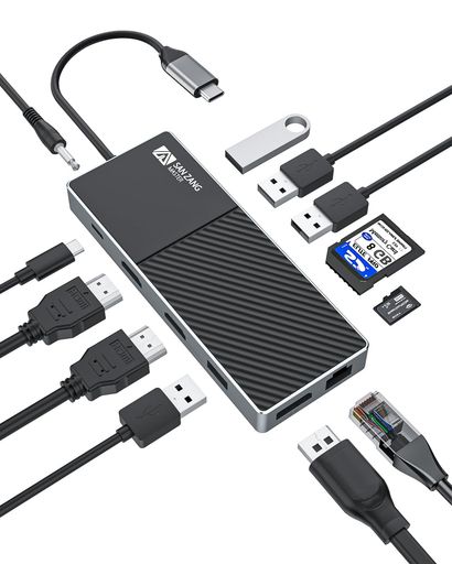 【12 IN 1多機能なUSB C ハブ】このUSB C ハブは4K HDMI出力ポート*2、100WPD充電ポート*1、USB 3.0ポート*2+USB 2.0ポート*2、オーディオポート*1、1つの1000Mbps LAN ポート、SD...