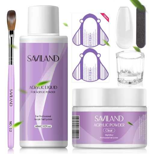 欠けや破損に強い強くて耐久性のある釘 初心者向けアクリルネイルキット💜Savilandアクリルネイルキットには、透明なアクリルネイルパウダー30g、アクリルリキッド60ml、アクリルネイルブラシ(サイズ12)1本、ネイルフォ...