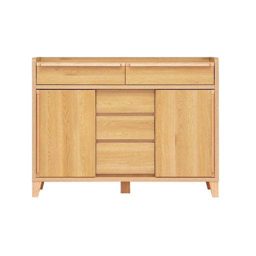 商品サイズ:幅118.4x奥行46x高さ88.7cm 重量:50kg 素材:天板・前板/強化化粧紙、脚・取っ手/無垢材自然塗装、側面・内側/プリント化粧合板