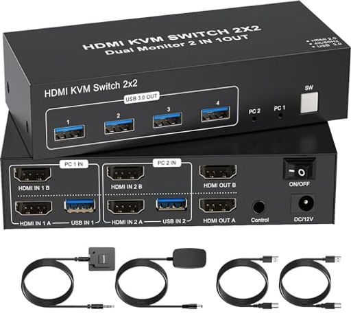 デュアルモニターHDMIKVM切替器:デュアルHDMI入力・出力ポートを搭載し、および4つのUSB3.0出力ポートを搭載。2台のコンピューターと最大4つのUSB3.0デバイスを同時に接続可能です。このHDMIKVM切替器を使用すれば、2台の...