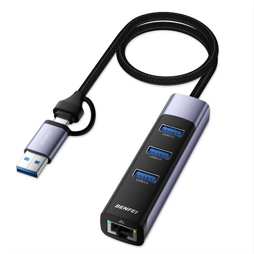 特徴 - BENFEI USB Type-C/Type-A ネットワーク アダプターは、USB-C デバイスと有線ネットワーク間のプラグ アンド プレイ ギガビット イーサネット接続を提供し、ラップトップを 3 つの追加 USB 3.0 ポ...