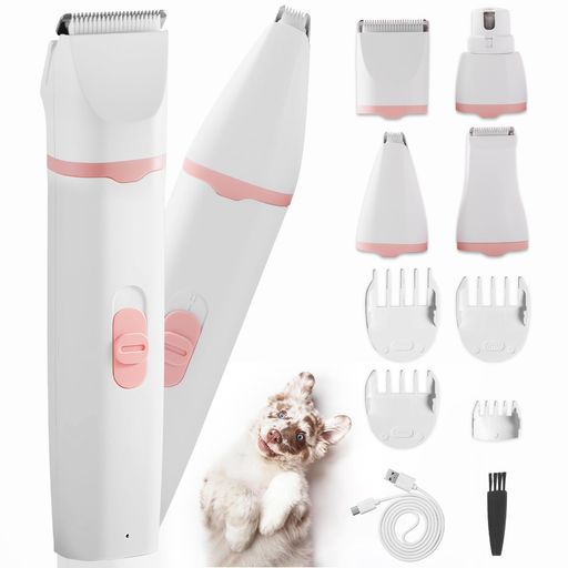 【4in1ペット用バリカン&amp;多機能】犬用バリカンは取り換えできる4つのトリミングヘッド(全身をカットするヘッド、部分カットするヘッド、足裏をカットするヘッド、爪を磨くヘッド)が備えていて、犬や猫、ウサギなどの動物の全身や足裏、爪、耳...