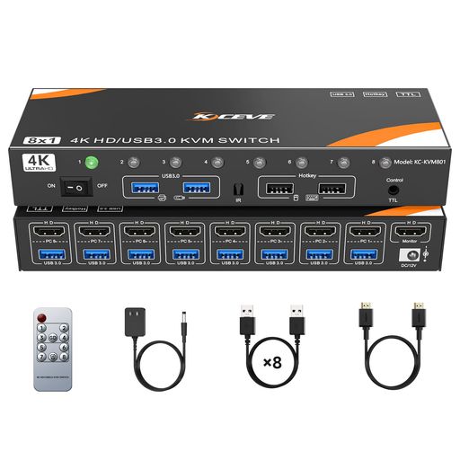 8入力1出力HDMI KVM スイッチ:この 8 ポート KVM スイッチは、1 セットの有線または無線キーボード マウスを使用して最大 8 台のPC を制御し、1 台のモニターを共有できます。本体のボタン、リモコン(付属)、または ホット...