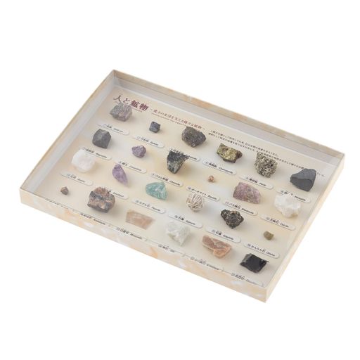 ブック型標本セット 箱のサイズ:260x185x20mm 内容:金鉱、方鉛鉱、閃亜鉛鉱、黄銅鉱、黄鉄鉱、赤鉄鉱、磁鉄鉱、鋼玉(コランダム)、クロム鉄鉱、ボーキサイト、バラ輝石、方解石、石英、紫水晶、ホタル石、石膏、石墨、カンラン石、ザクロ石...