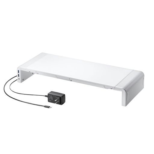 ACアダプタで給電、USB Type-C-microBケーブルでパソコンに接続しながら使用します。 左右のフレームを折りたたむことで3段階での横幅の調整ができ、レイアウト変更に柔軟に対応できます。デスクやディスプレイサイズによって机上ラック...