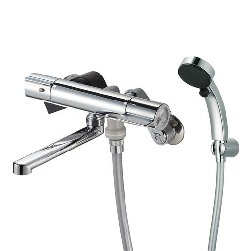 手元のボタンで水の出し止めワンタッチ。吐水パイプが190mmの標準より少し長いタイプ。