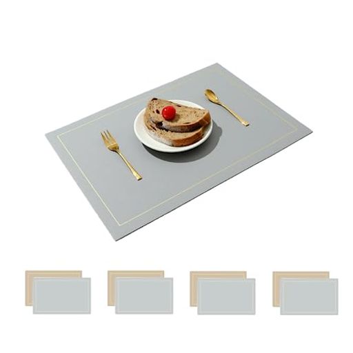 【商品仕様】サイズ:(約)45x30cm、薄さ約1.8mm、重さ(1枚当たり):約120g、セット:4枚セット、耐熱温度:(約)100°C 、柄タイプ:グレーx亜麻色 素材:レザー製、合成皮革製、両面使用。高耐久で滑らない、無臭。 【撥水&...