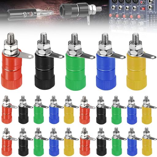 セット内容:スピーカー端子25個セット;製品材質:亜鉛合金/ABS;表面仕上げ:ニッケルメッキ;電流・電圧:30V〜60V/最大19A;リンク方式:アダプター;カラー:レッド5pcs/ブラック5pcs/ブルー5pcs/グリーン5pcs/イエ...