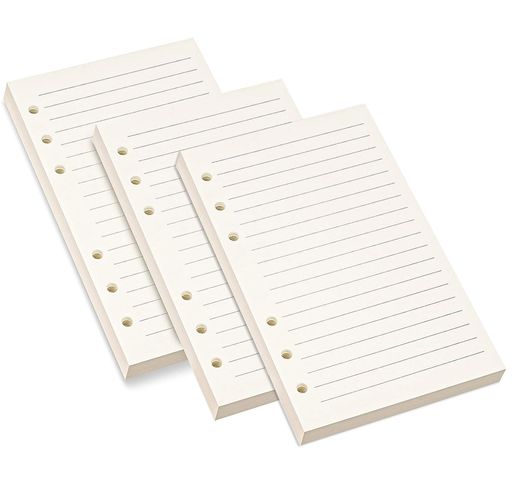 【サイズ】A6(17.2x9.5cm)6穴穴間隔:19mm 【3冊セット枚数】3冊*45枚合わせて135枚270ページ 【横罫クリーム】8mm横罫19行クリームノート 【特徴】色はクリームで、目に優しい。紙質は上質紙で、コピー用紙より厚紙で...