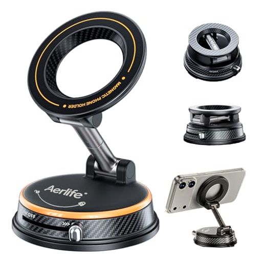 【強力マグネット&amp;真空吸着】このスマホホルダーは、強力な磁力でスマホを瞬時に固定。高品質なN52磁石を搭載、従来品とは比べ物にならない圧倒的な保持力を実現しました。走行中の振動や急な揺れでもスマホがズレる心配はありません。ワンタッチ...