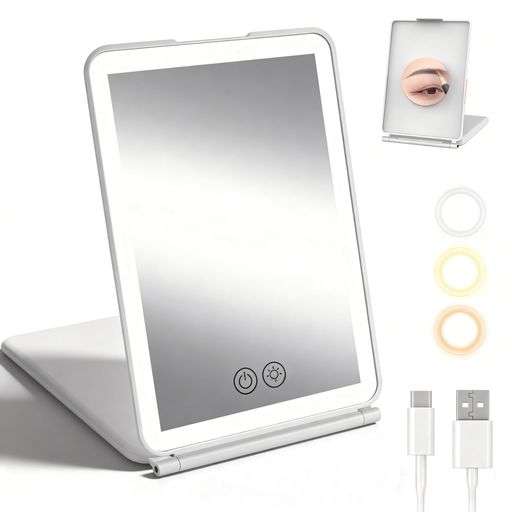 【USB充電式女優ミラー】折りたたみ可能な充電式旅行用化粧鏡;化粧鏡には大容量の1000mAhバッテリーが内蔵されており、ノートパソコン、モバイル電源、または充電器を使用していつでも充電が可能です。デスクトップミラーとしても、日常の旅行にも...